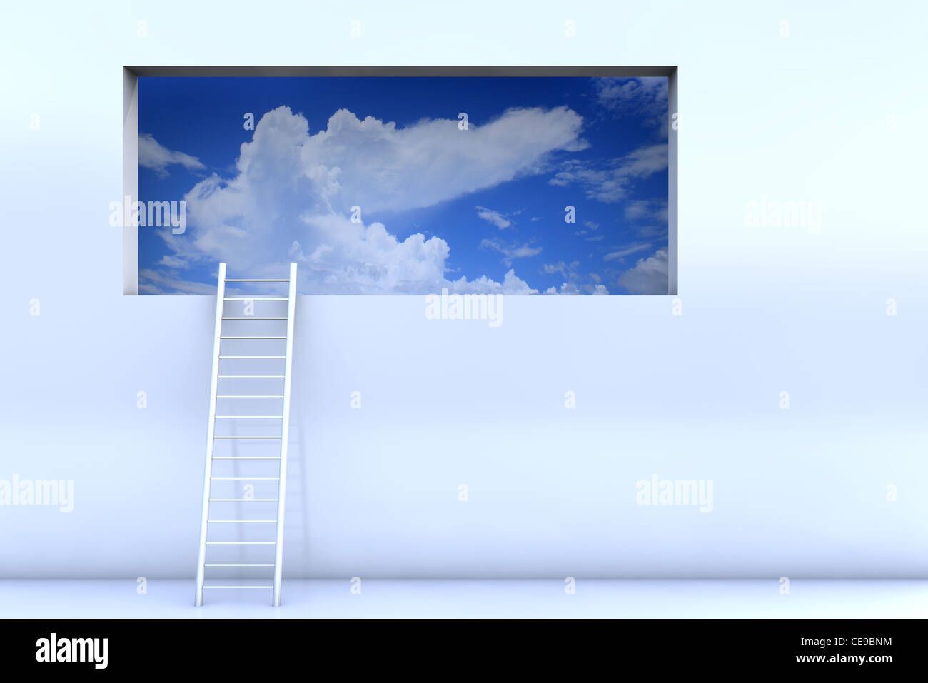 Ladder leaning on wall to reach the sky Stock Photo - Alamy