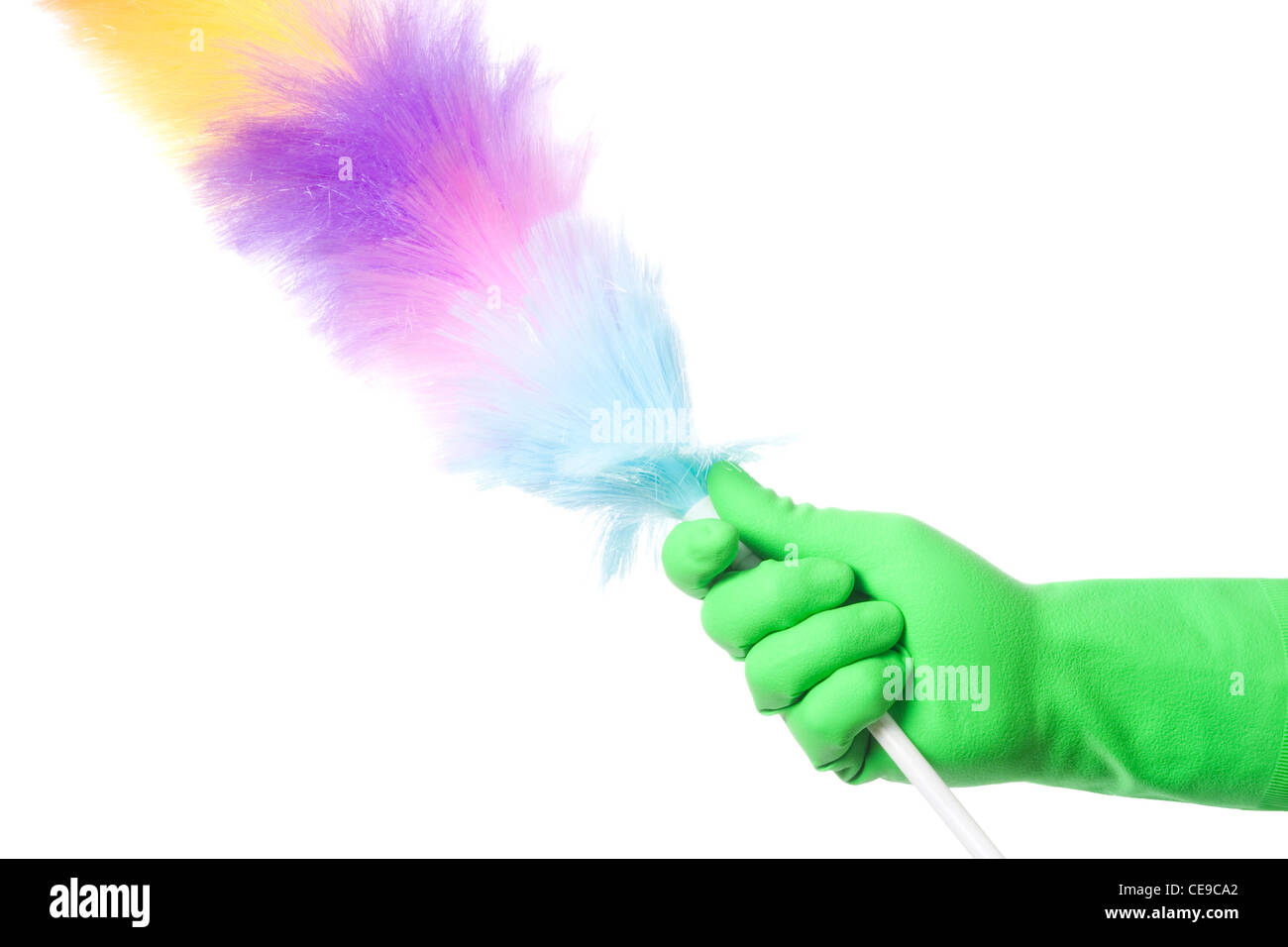 Hand with green glove holding cleaning product; isolated on white Stock ...