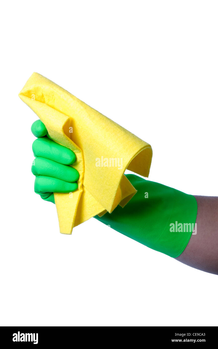 Hand with green glove holding cleaning product; isolated on white Stock ...