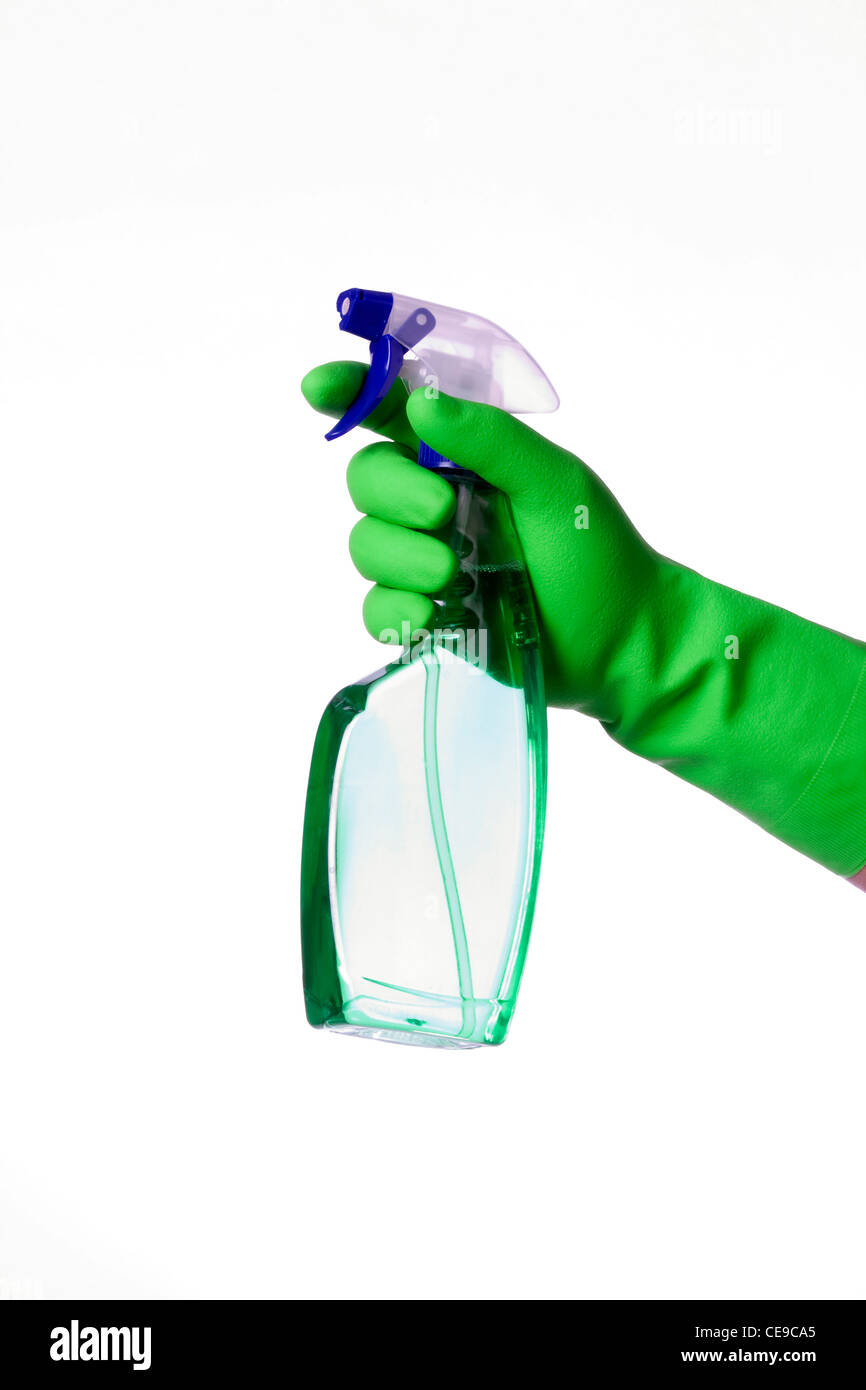 Hand with green glove holding cleaning product; isolated on white Stock ...