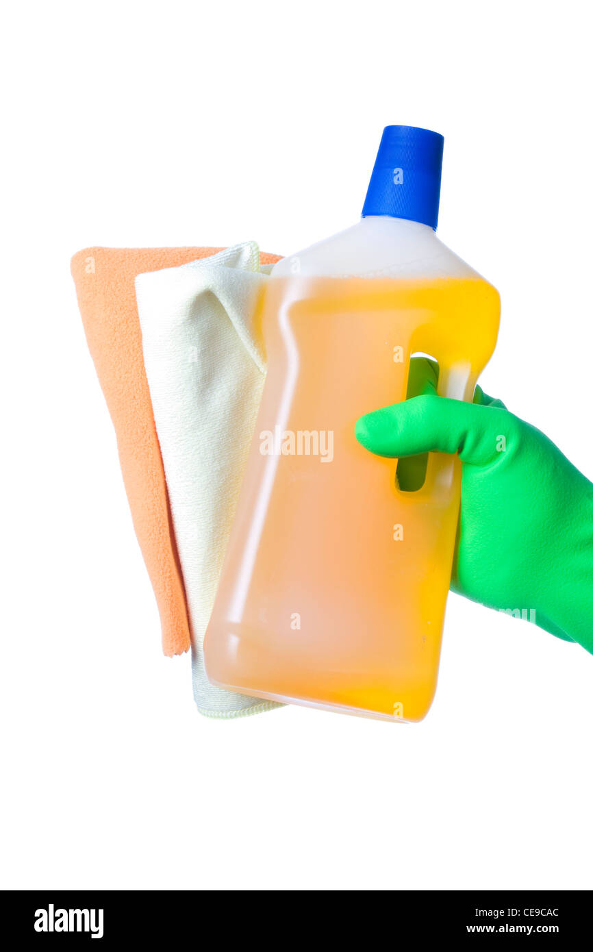 Hand with green glove holding cleaning product; isolated on white Stock ...