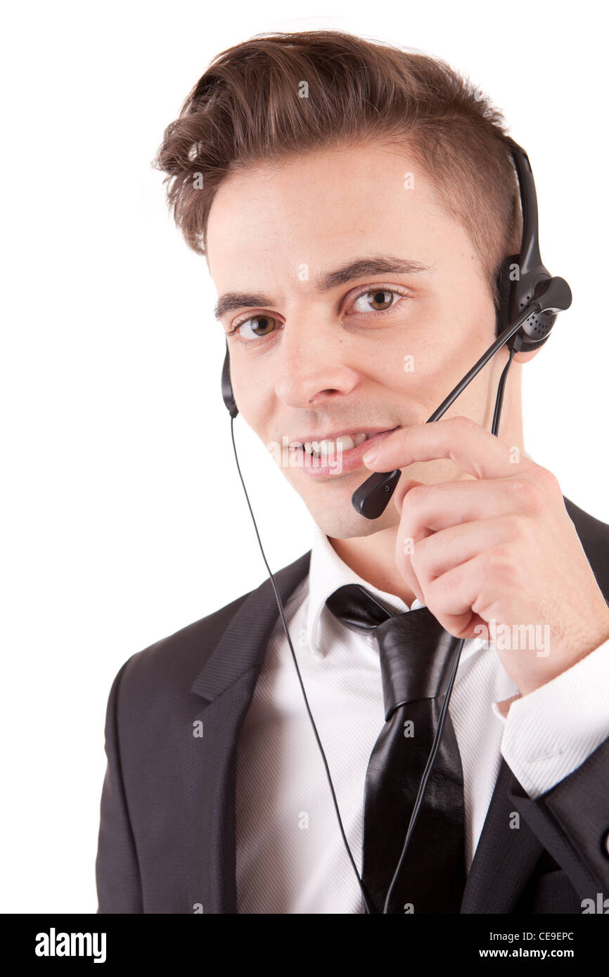 Friendly telephone operator isolated over white Stock Photo - Alamy