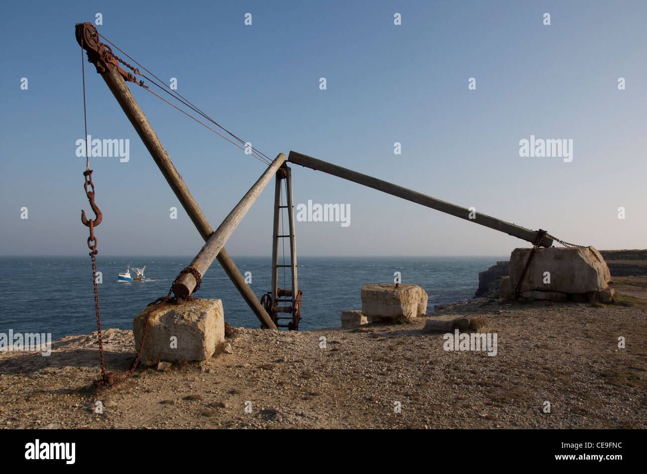 A wooden crane (derrick) at the site of a disused quarry on the Isle of ...