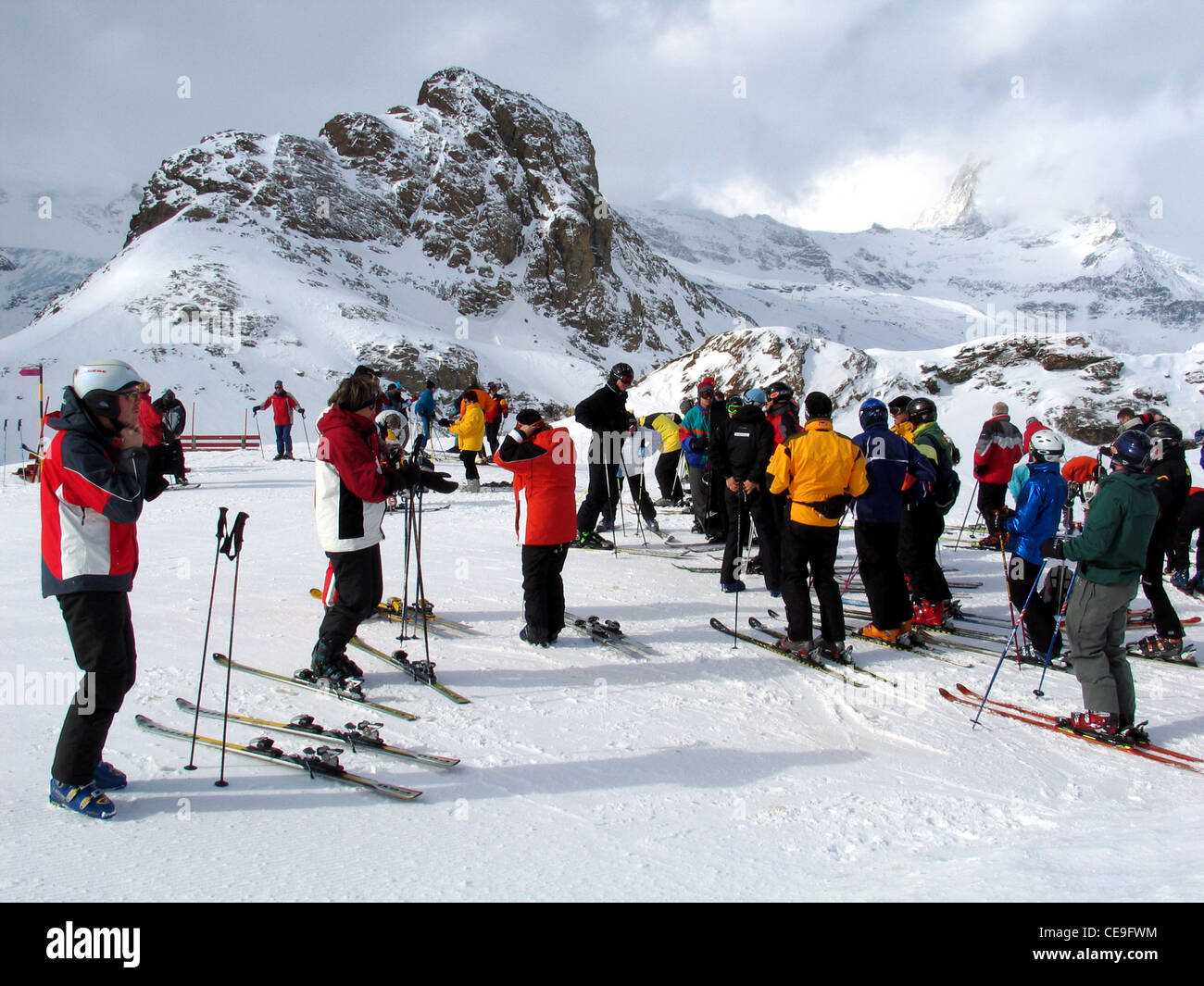 Skiers in Zermatt-Matterhorn the highest ski area of the Alps in the ...
