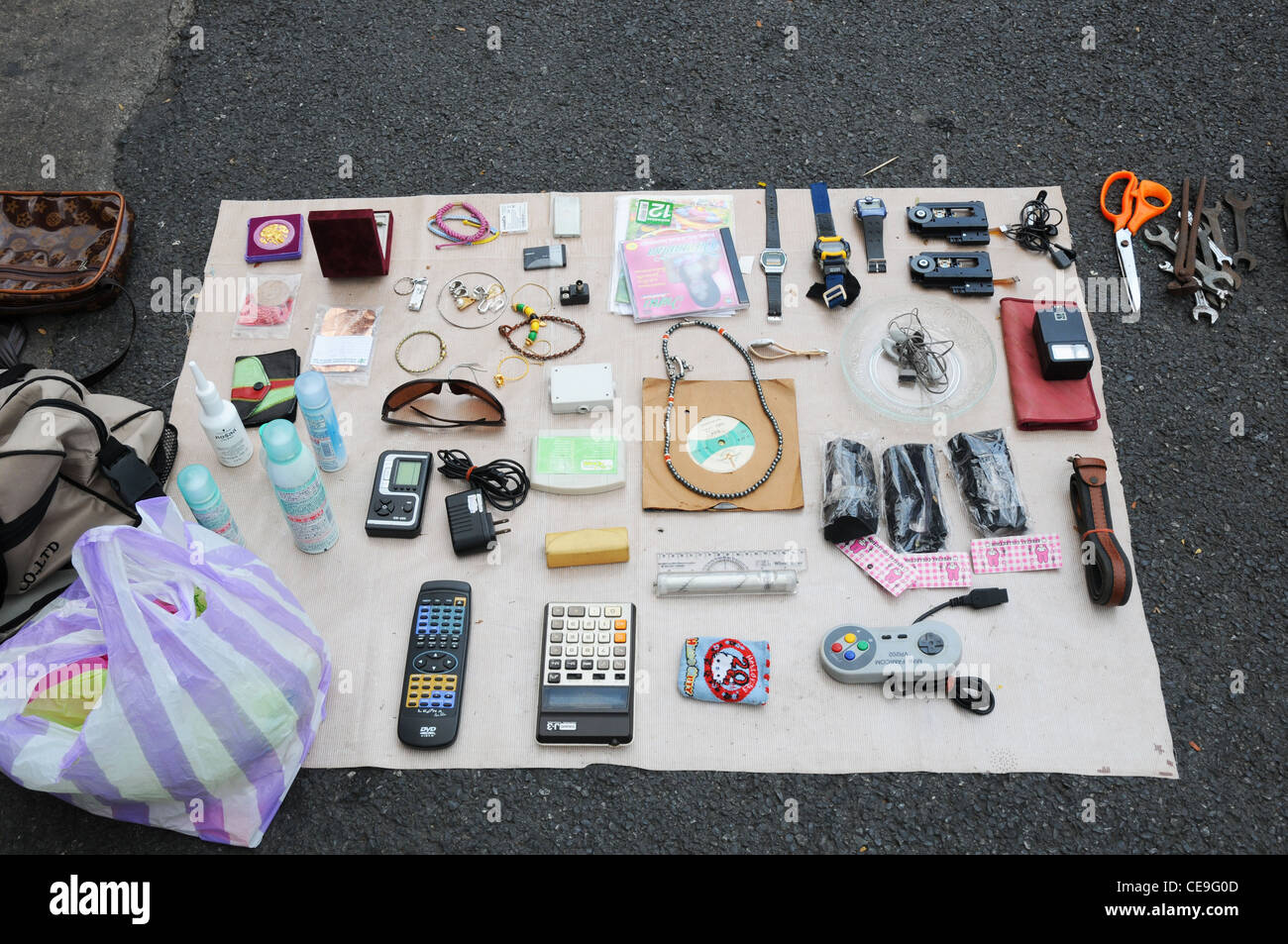 assorted items, junk, displayed for sale, market, next to Royal Palace ...