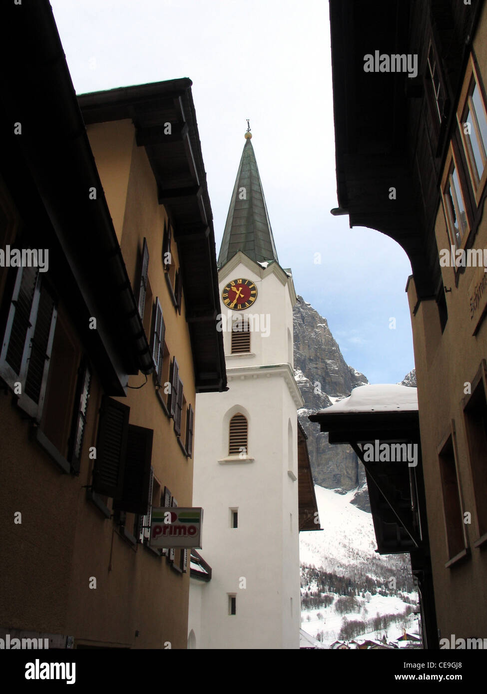 View across an alleyway in the alpine village of Leukerbed in the ...