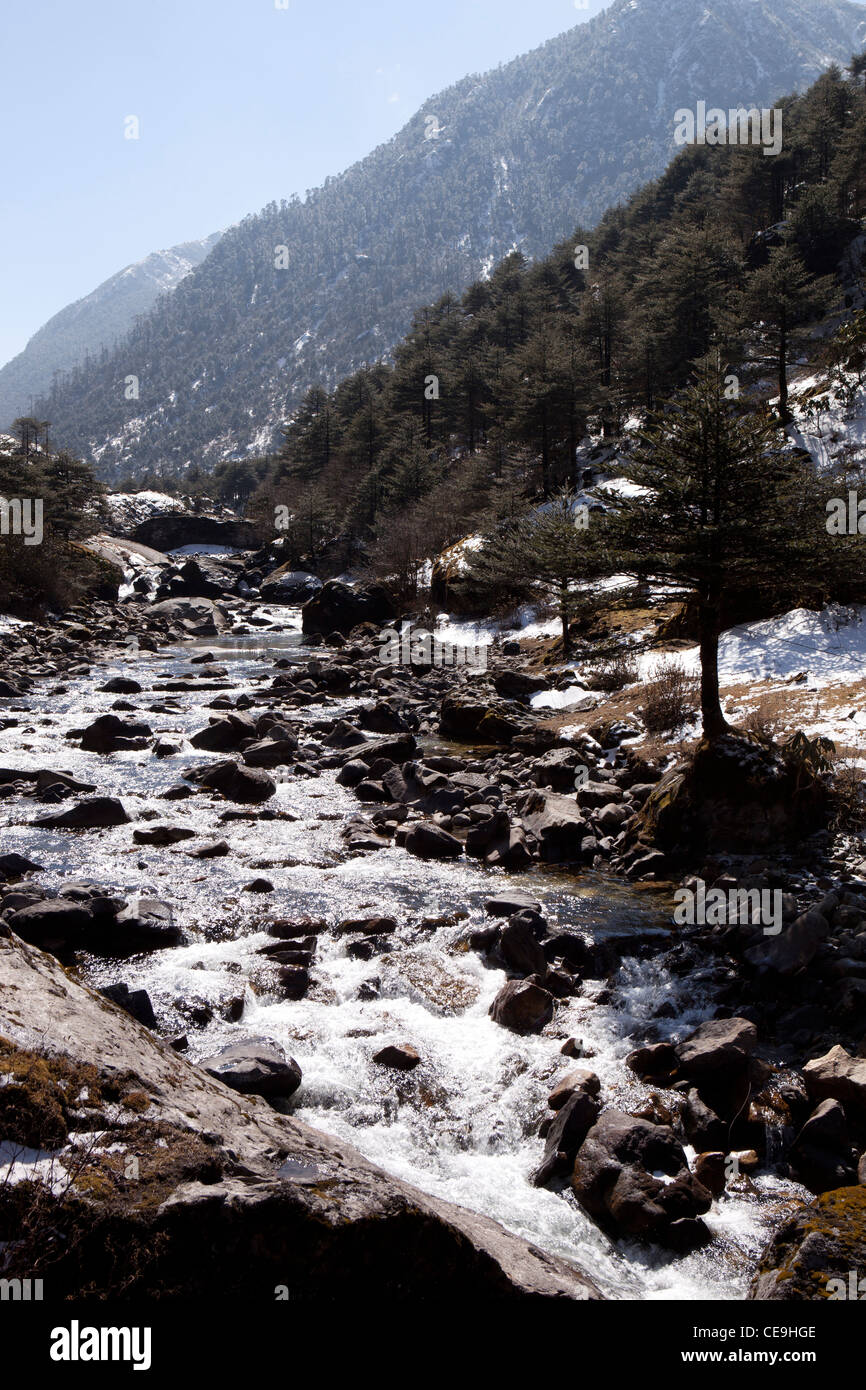 India, Arunachal Pradesh, Tawang Sela river, meltwater flowing over ...