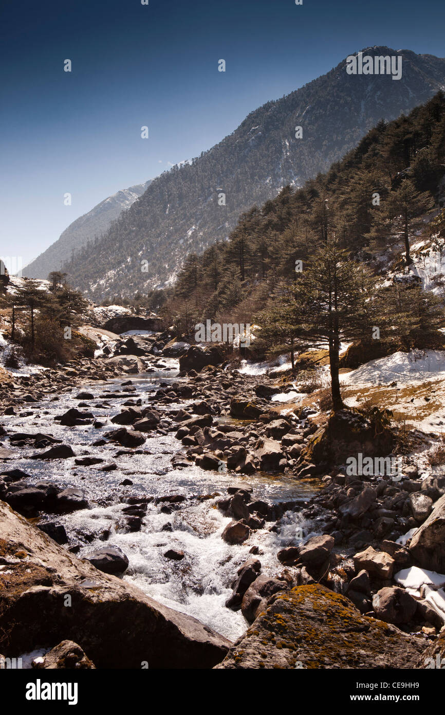 India, Arunachal Pradesh, Tawang Sela river meltwater flowing over ...
