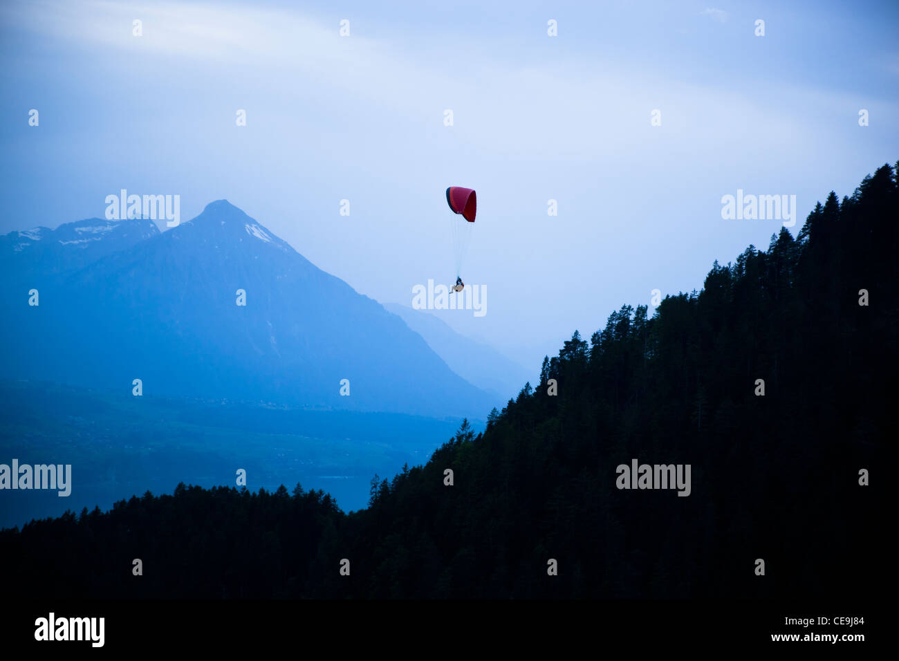 Acro paraglider pilot performing tricks over Interlaken in the evening ...