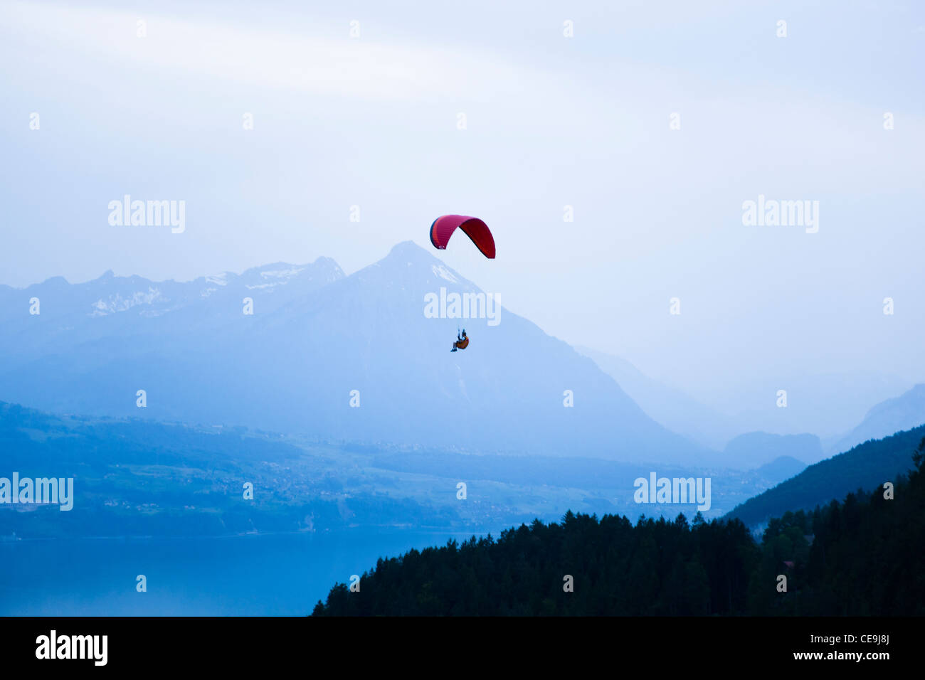 Acro paraglider pilot performing tricks over Interlaken in the evening ...