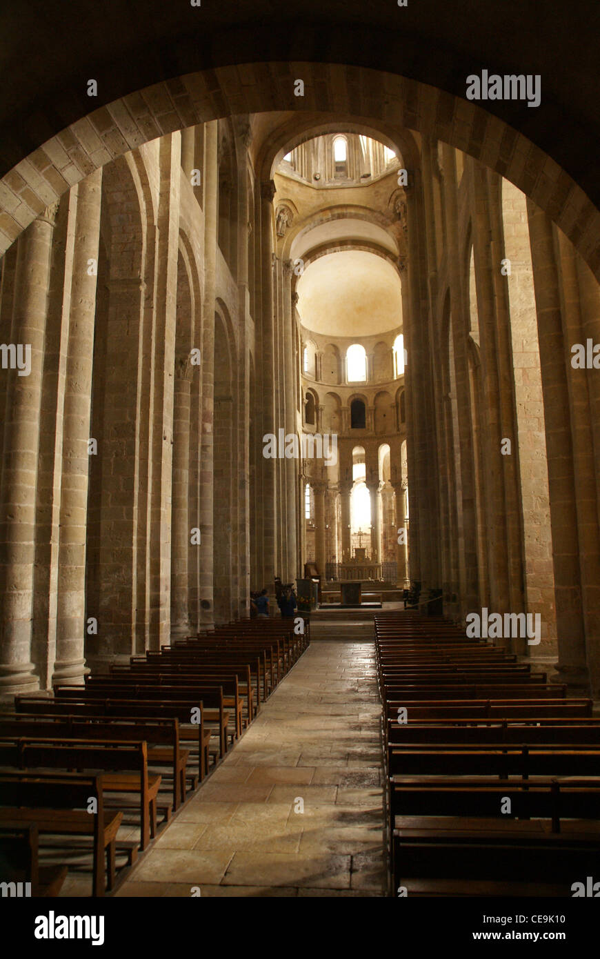 Romanesque interior of the Abbey Church of St. Foy, Conques, France ...