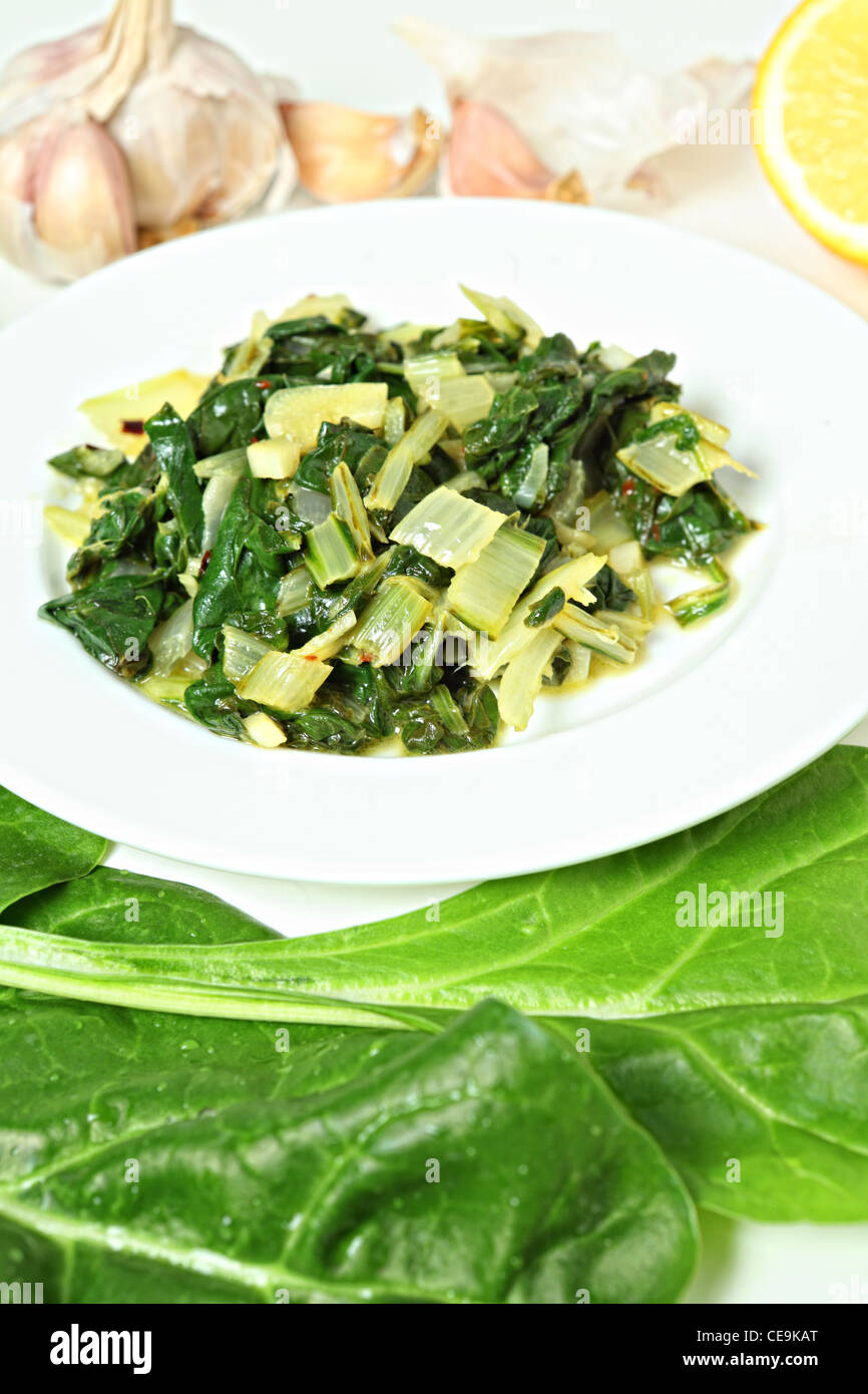 A side dish of swiss chard cooked in olive oil with garlic and chilli ...