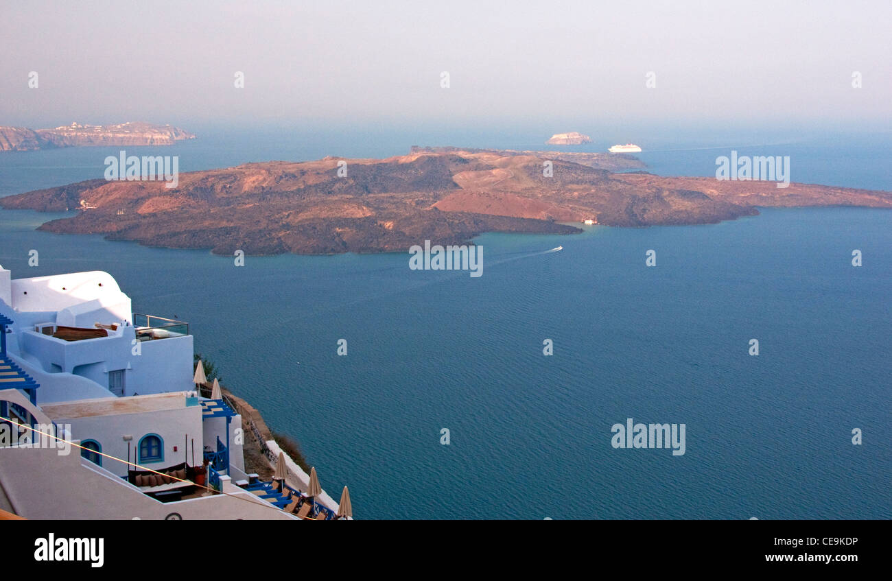 View of Palea Kameni, volcano off the coast of Santorini, Greece, early ...
