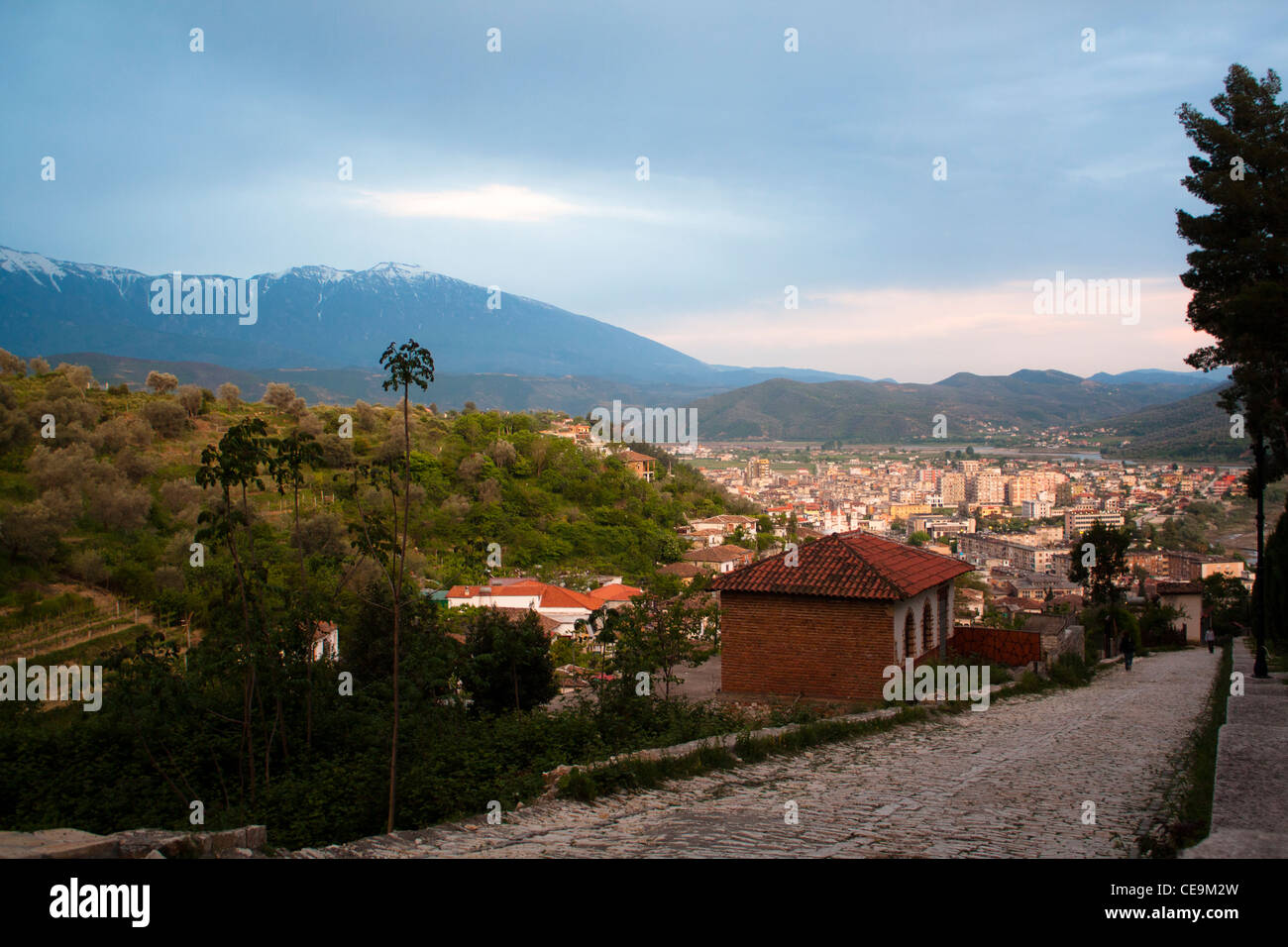 A view over the city of Berat, Albania with the snowy mountaintops on ...