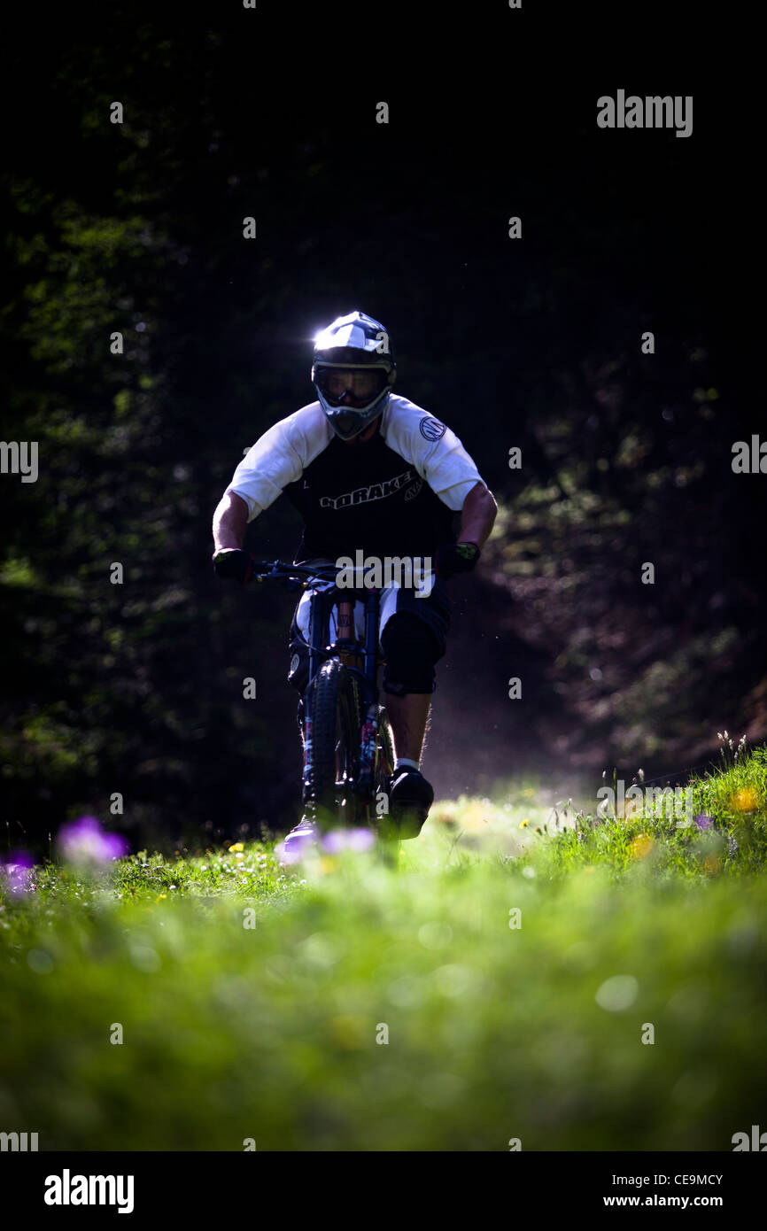 Mountainbiker riding fast on mountain trail in Lauterbrunnen ...