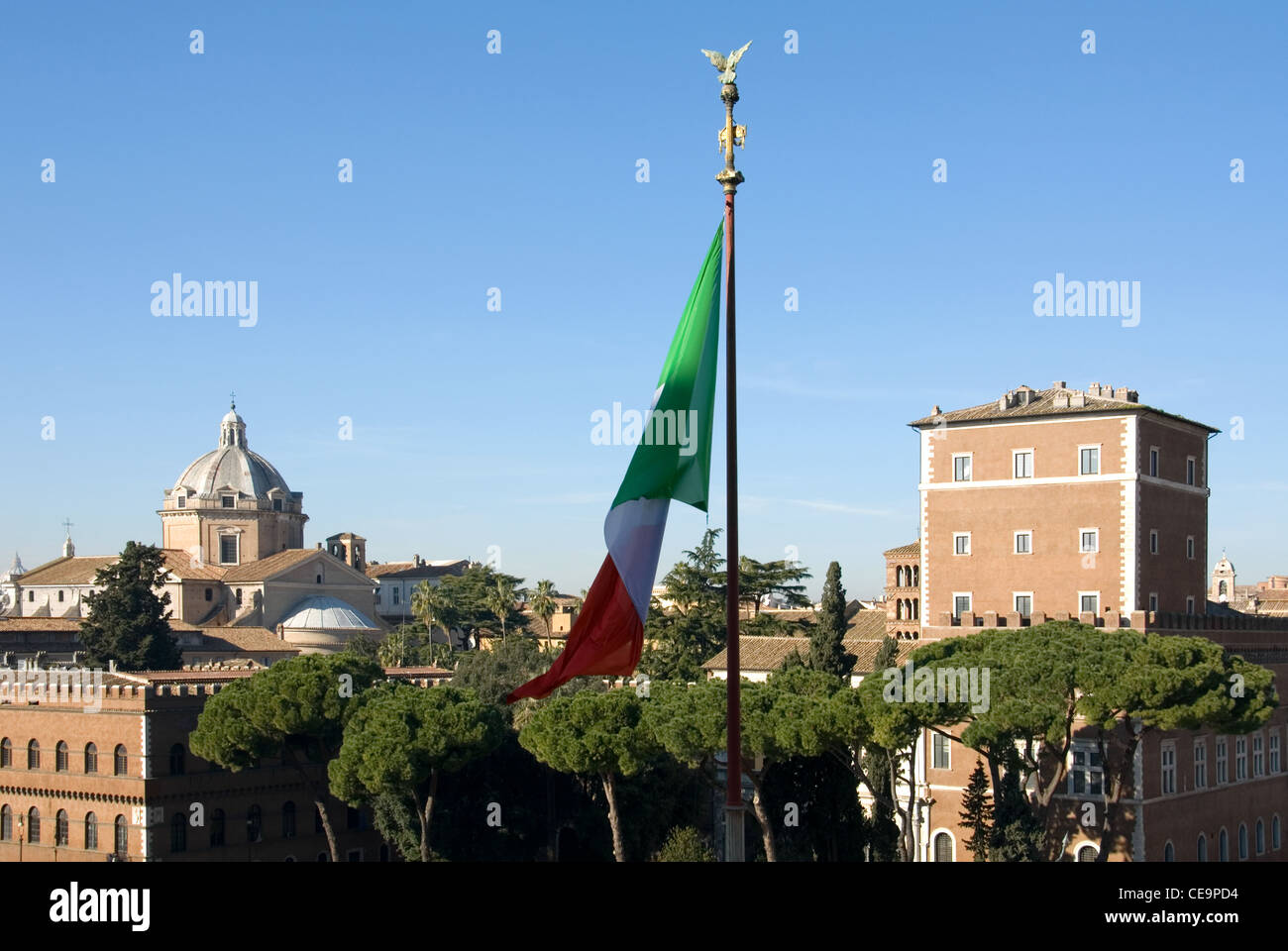 The Italian flag proudly flying above a building in inner-city Rome ...