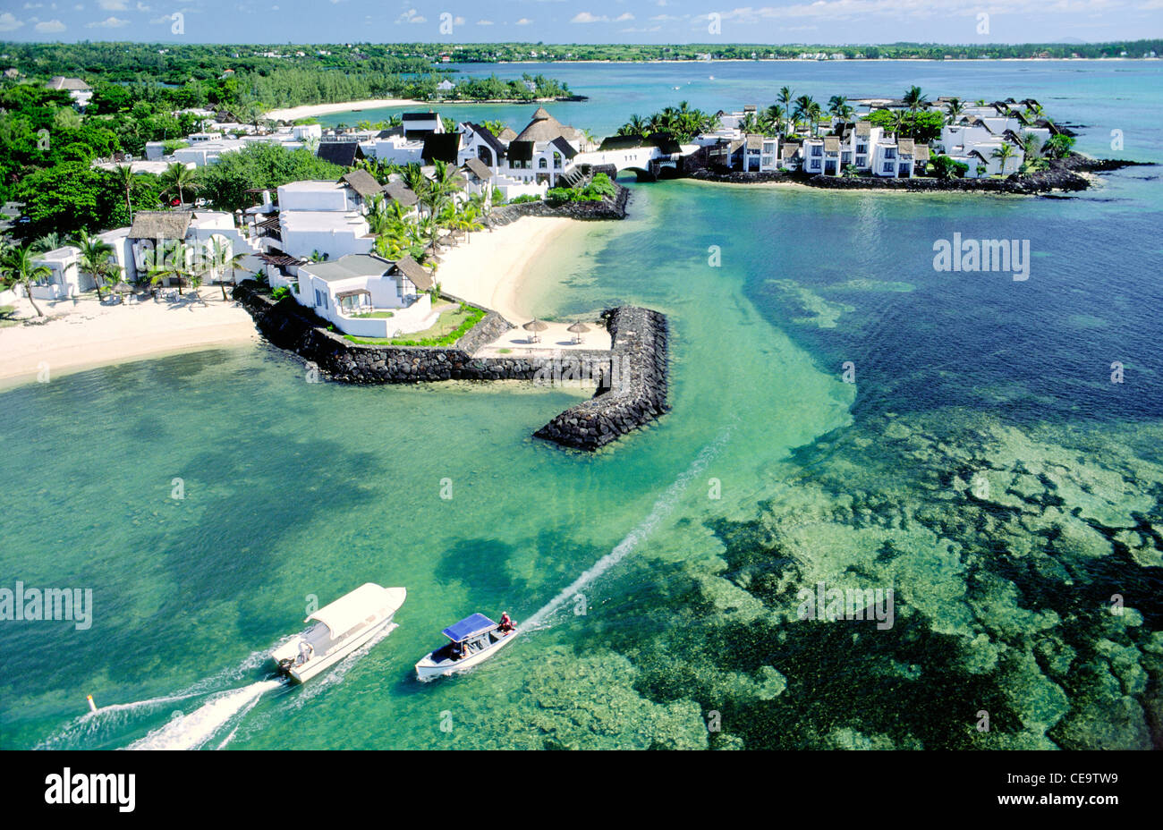 Island of Mauritius in the Indian Ocean. Aerial view of resort hotels ...