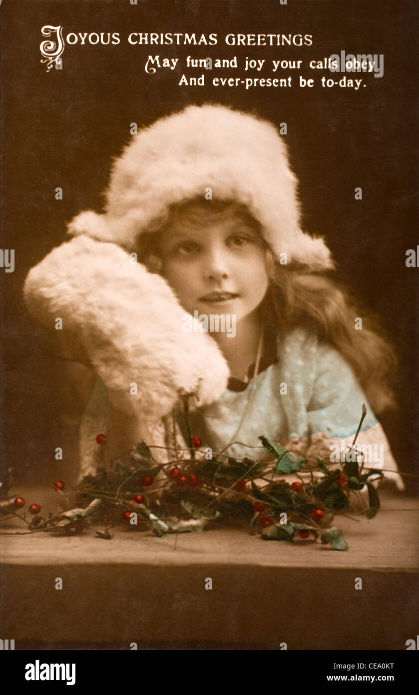 1920's Christmas greetings card in the form of a postcard. Hand painted ...