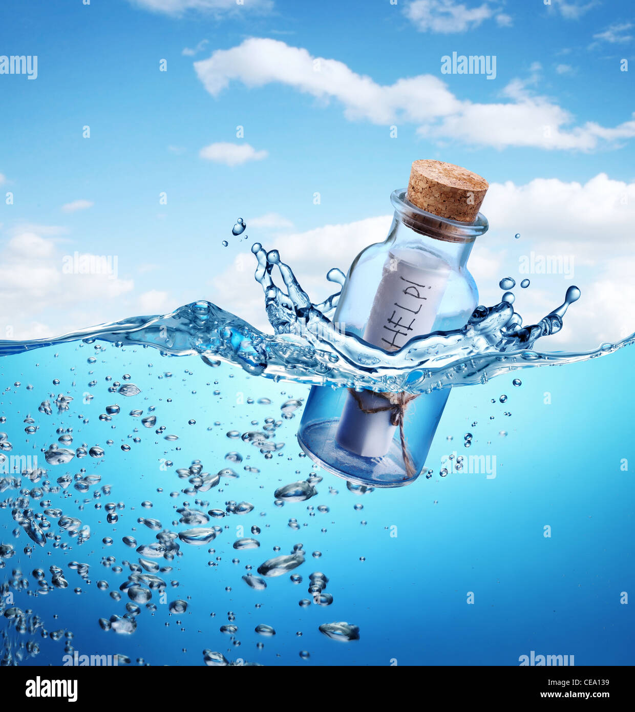 Bottle with help message floating in the see waves Stock Photo - Alamy