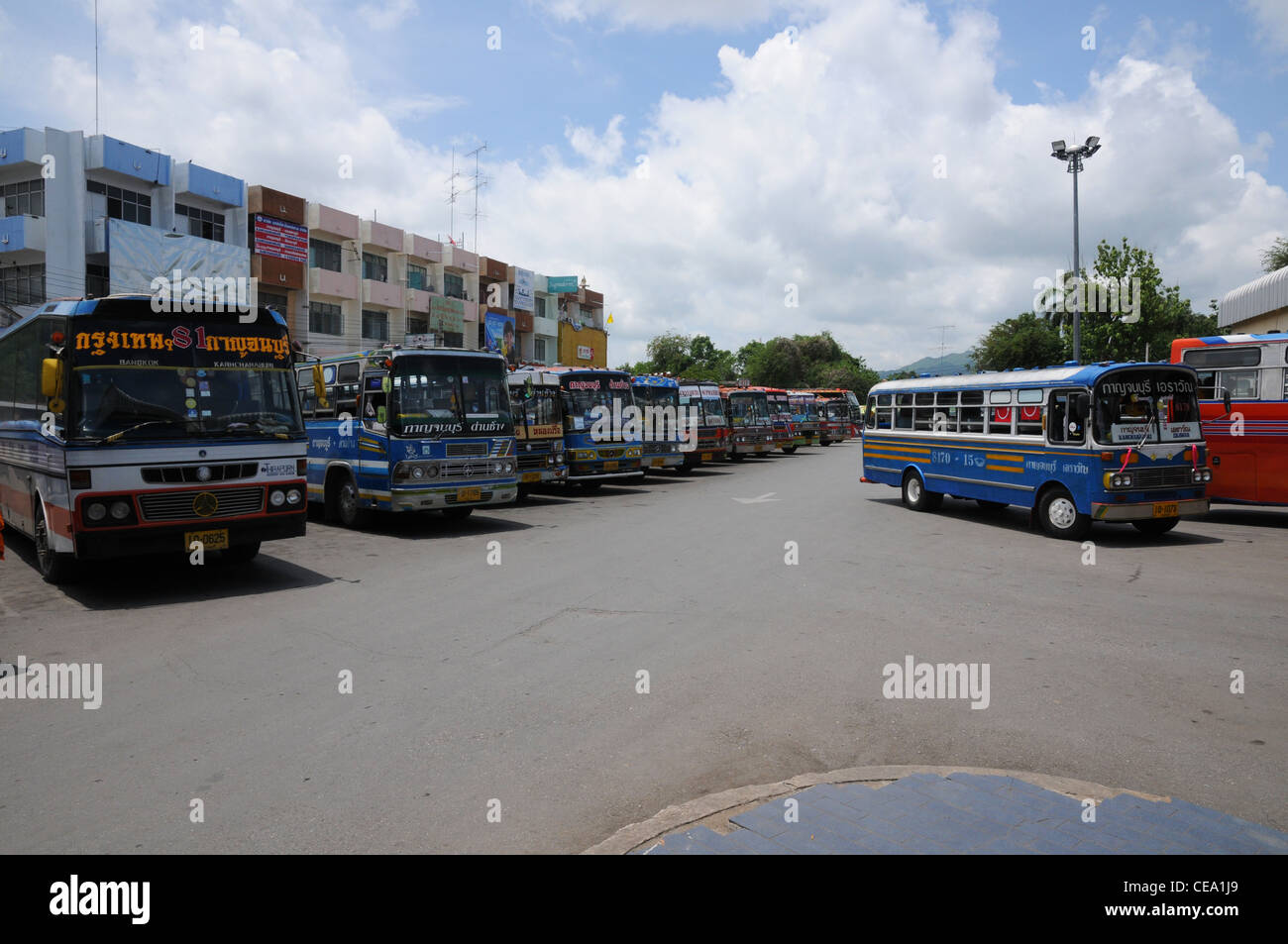 Buses at Kanchanaburi bus station, Thailand Stock Photo - Alamy