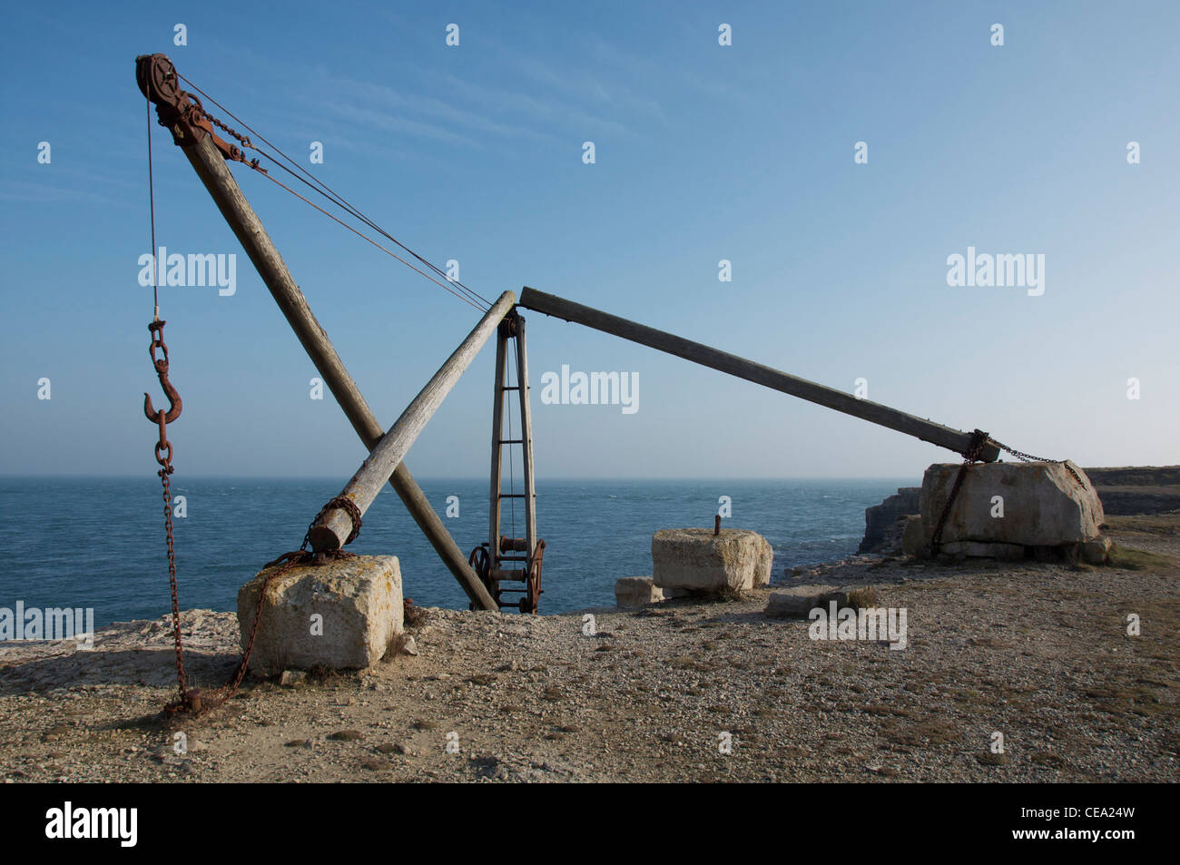 A wooden crane (derrick) at the site of a disused quarry on the Isle of ...