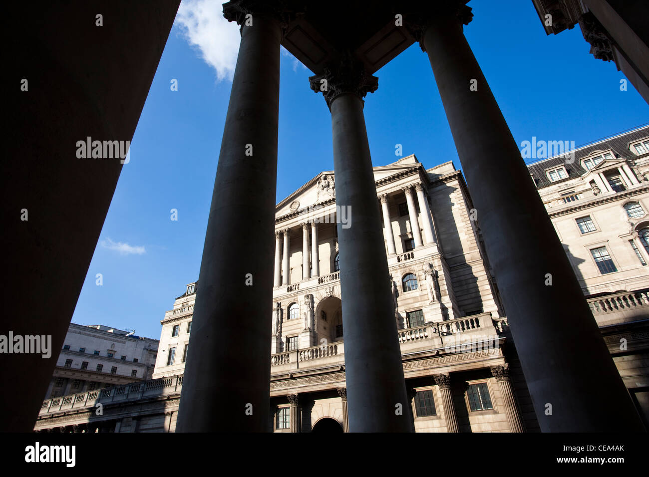 Bank of England on Threadneedle Street through the pillars of The Royal ...