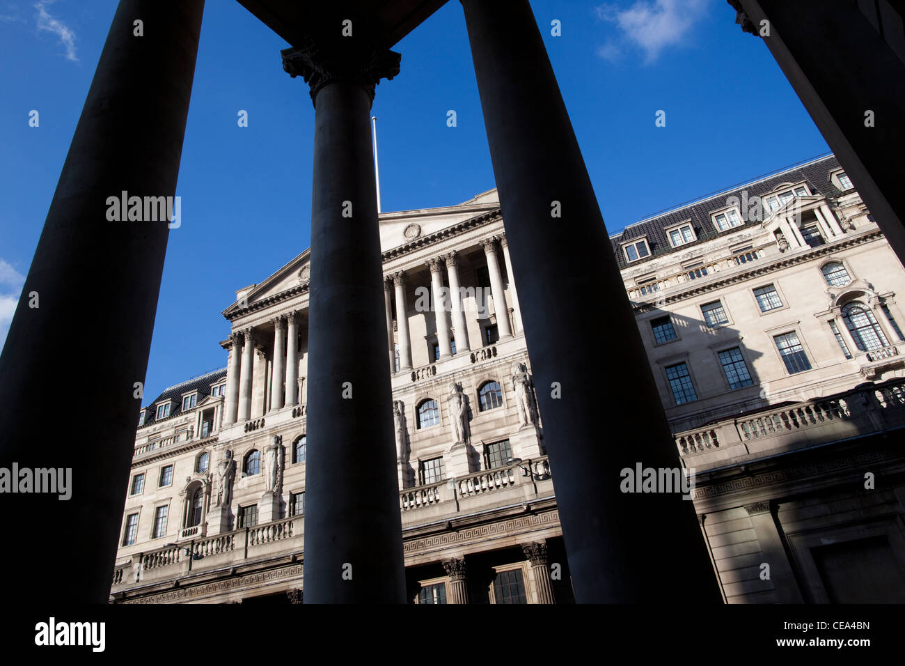 Bank of England on Threadneedle Street through the pillars of The Royal ...