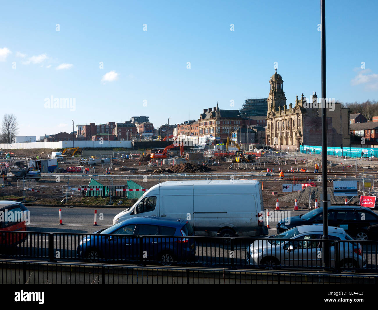 Construction of the new tram system at the old Mumps Bridge, Oldham ...