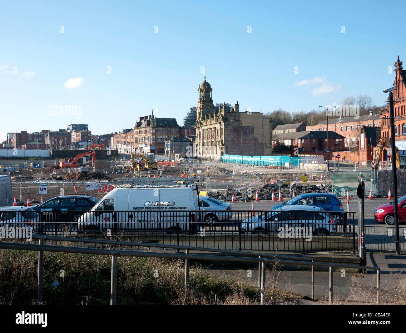 Construction of the new tram system at the old Mumps Bridge, Oldham ...