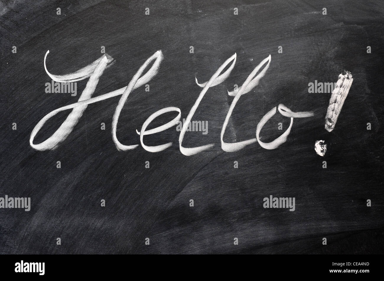 Hello written on blackboard with an exclamation mark Stock Photo - Alamy