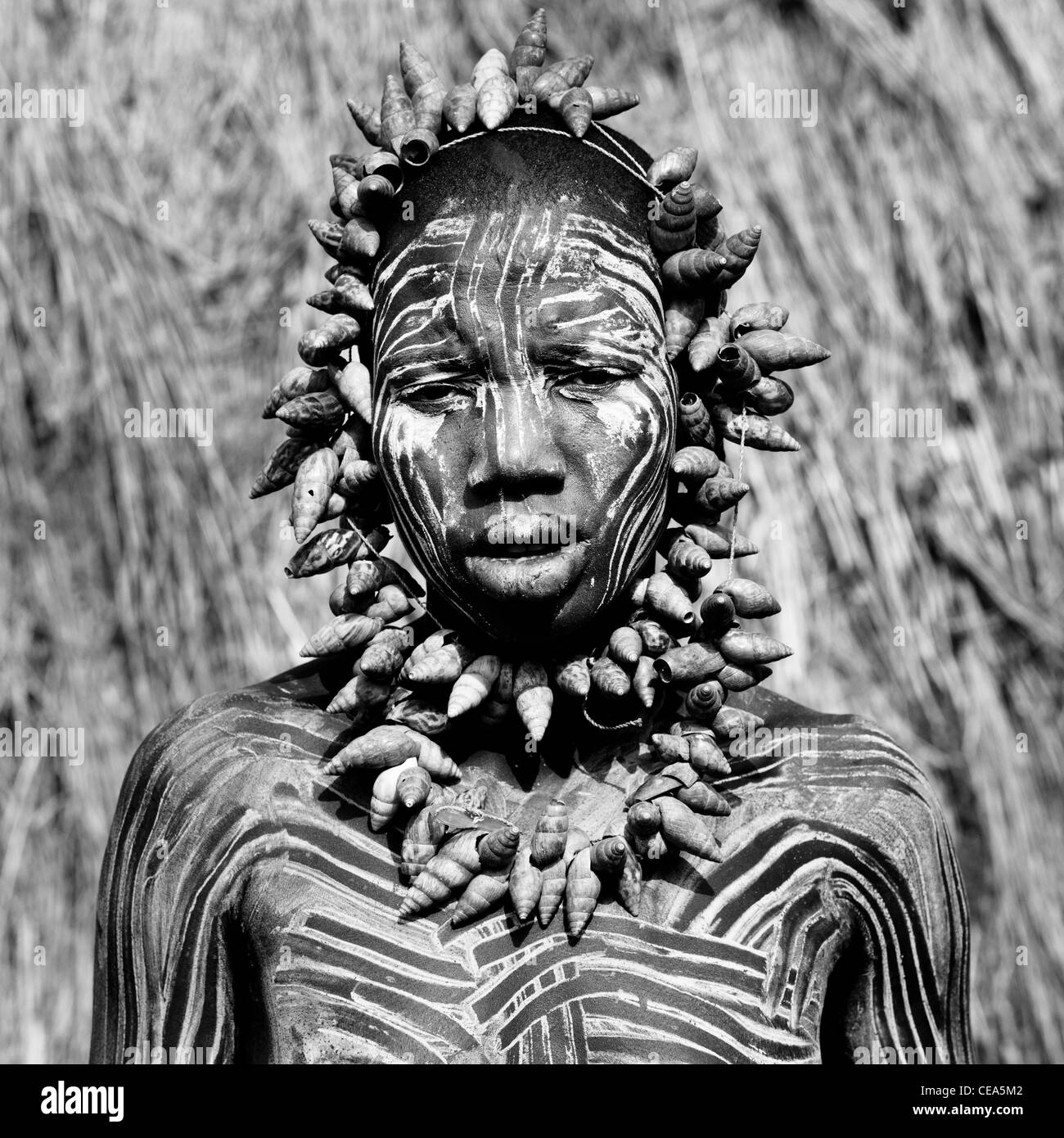 Painted Head And Chest Shell Ornament Mursi Woman Ethiopia Stock Photo ...