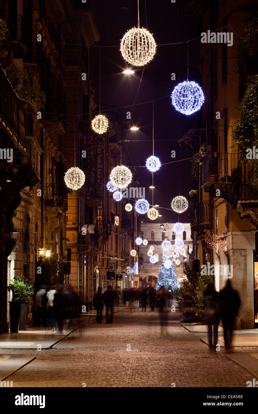 The streets illuminated by Christmas lights. Verona, Italy Stock Photo ...