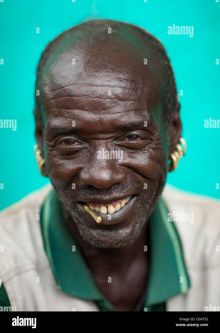 Senior Bana Man With Siwak Stick And Earrings Portrait Omo Valley ...