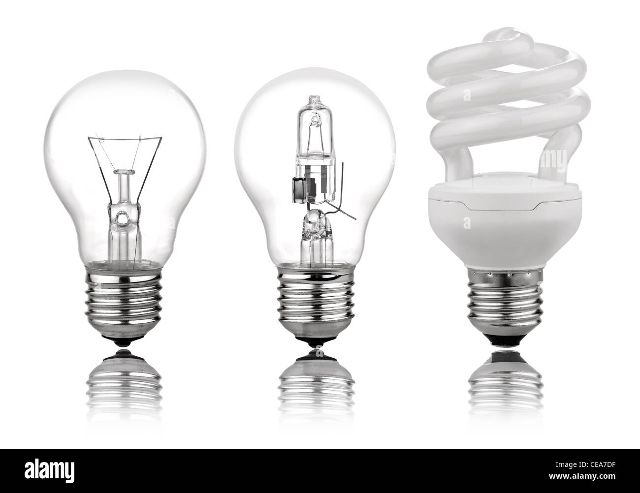 three kinds of light bulbs with Reflection Isolated on White Background ...