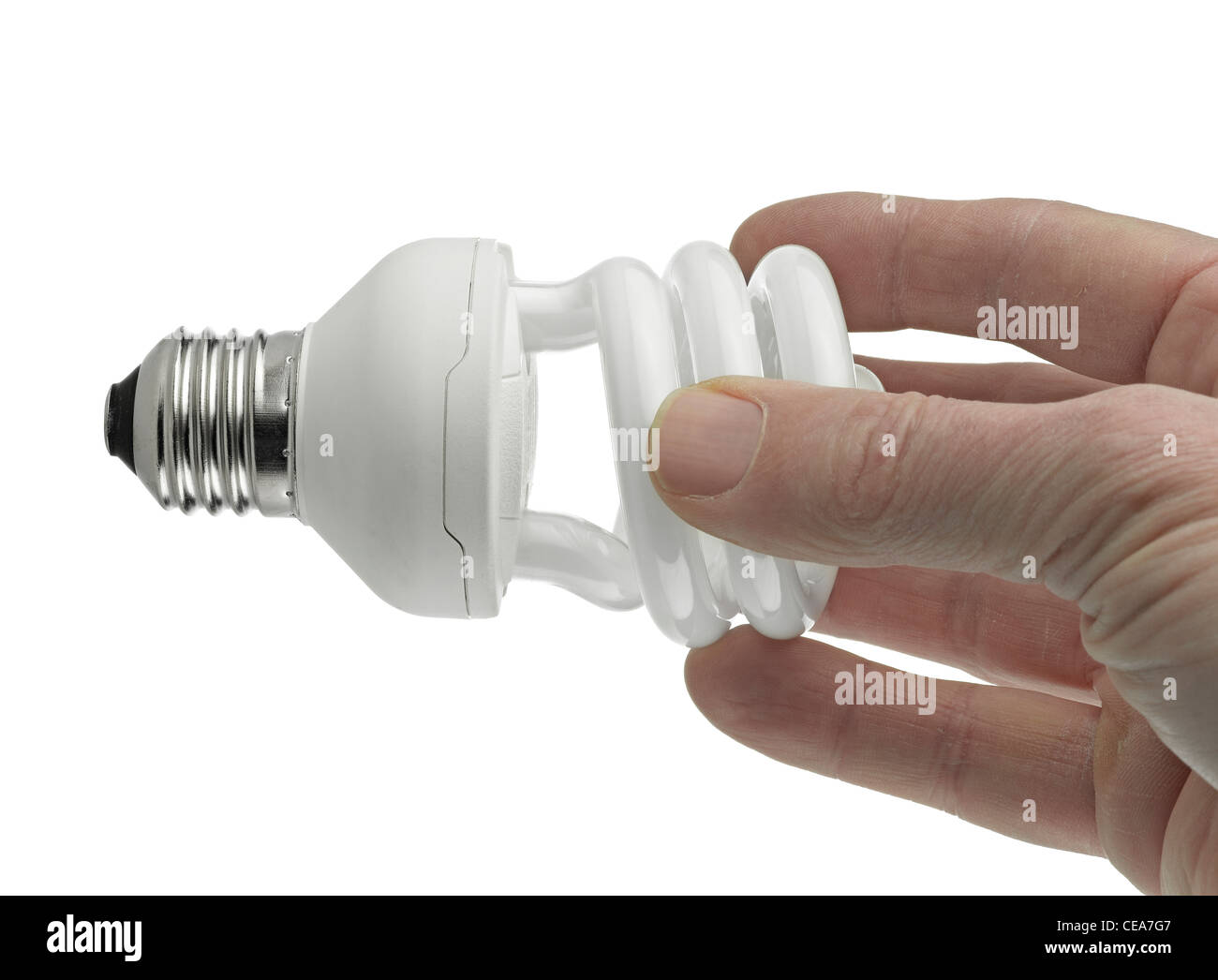 Saver Lightbulb in a hand isolated on white background Stock Photo - Alamy