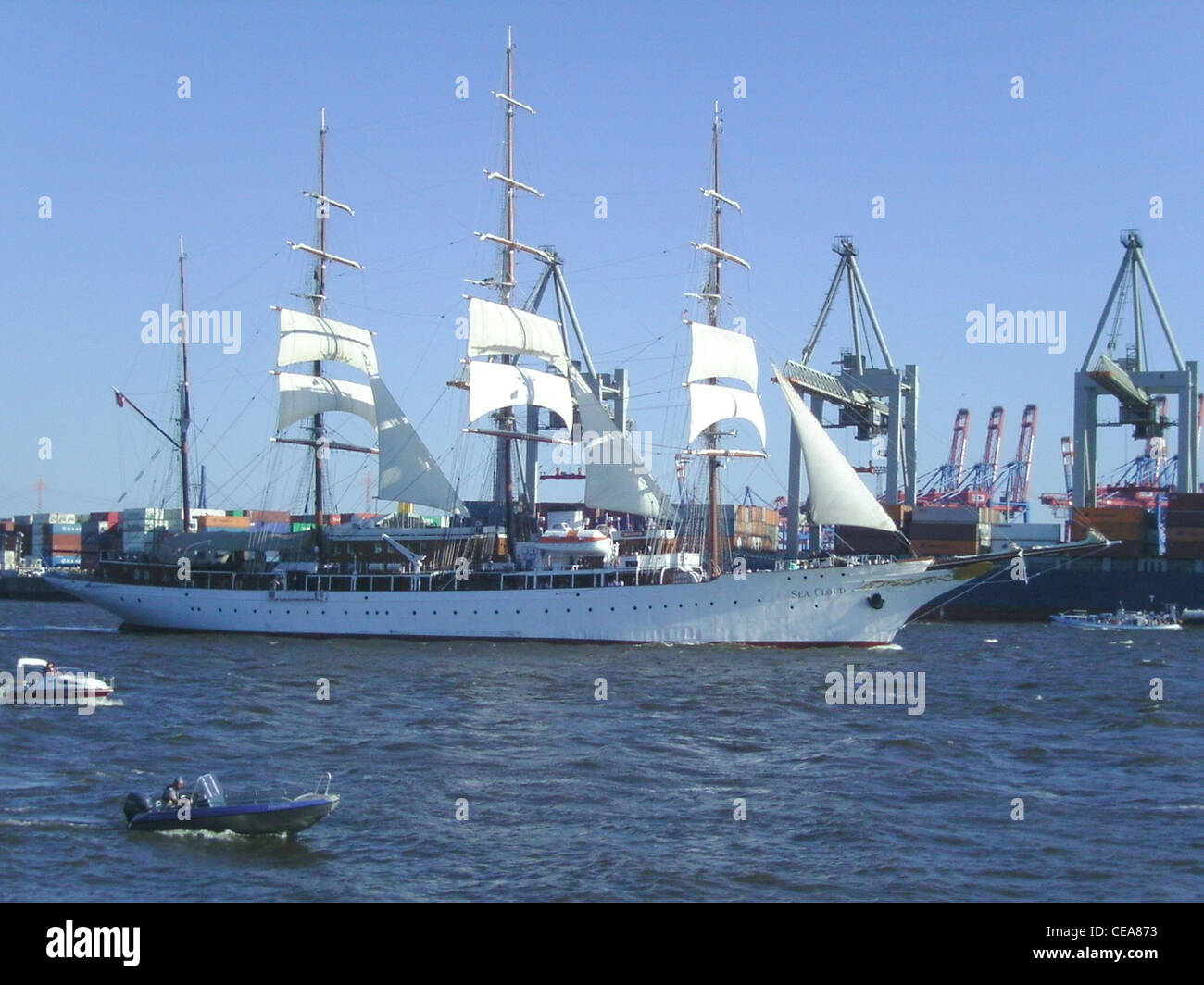 The Sea Cloud, a luxury sailing ship, is docked in the Port of Hamburg ...