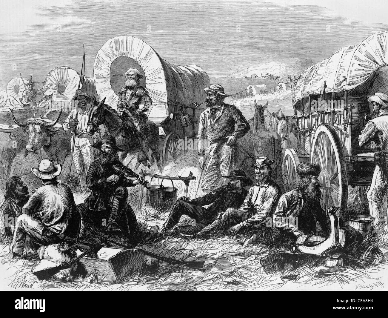 Vintage illustration depicting pilgrims on the plains of North America ...