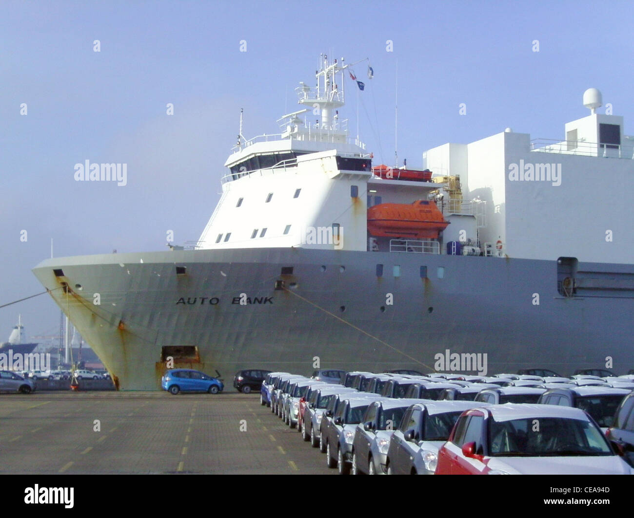 The bow of the Auto Bank, a car carrier ship, is shown here. It is ...
