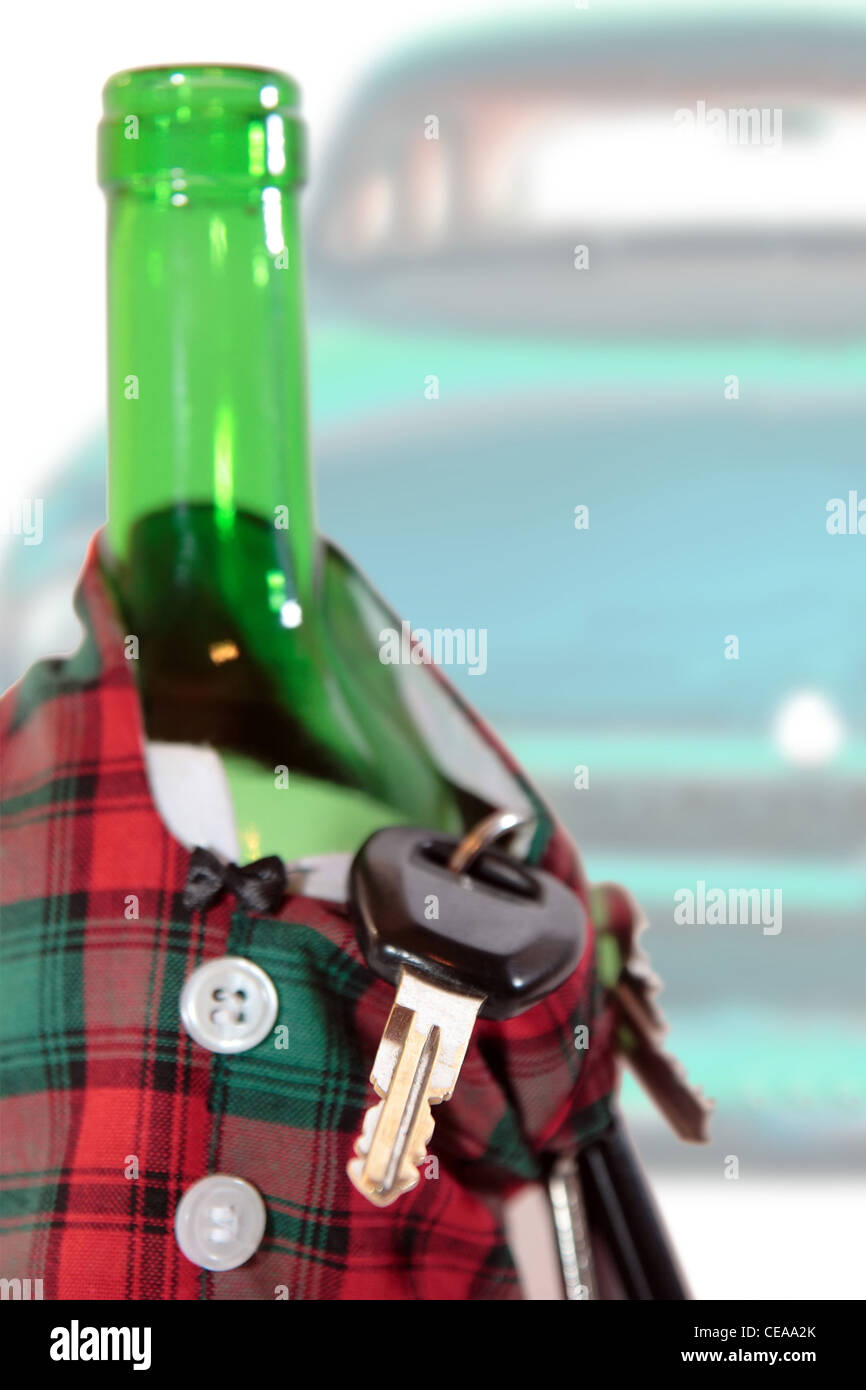 bottle dressed in jacket warmer with keys and alcohol with a car in ...