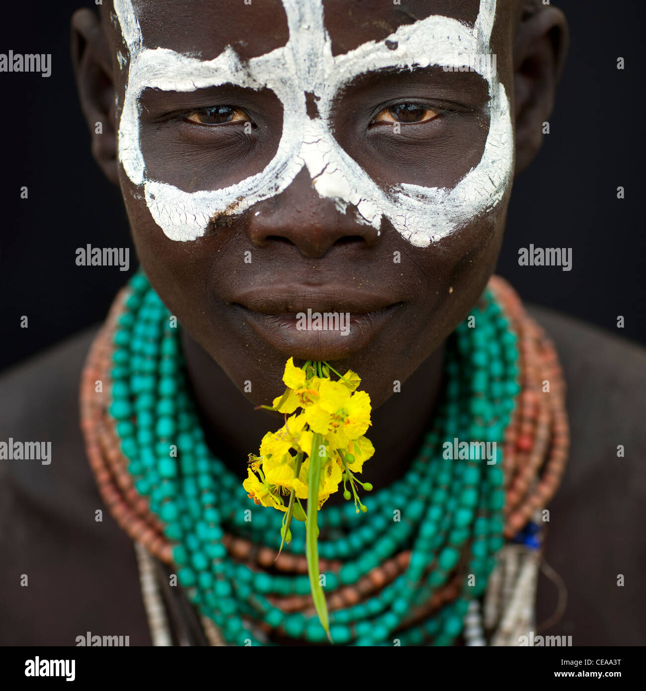 Portrait Of Karo Woman With Painted Face And Flower Ethiopia Stock ...