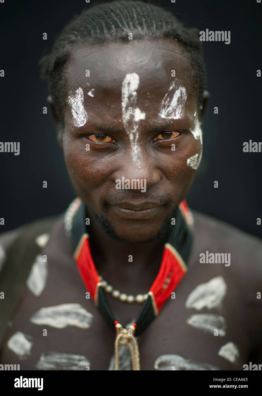 Painted Face And Chest Of Karo Man Portrait Omo Valley Ethiopia Stock ...
