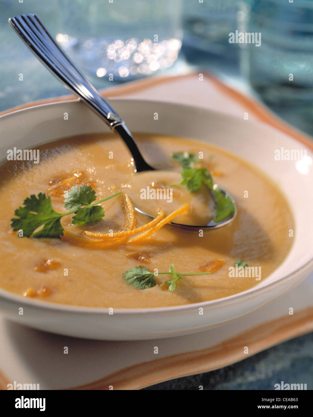 Lentil - orange - soup Stock Photo - Alamy