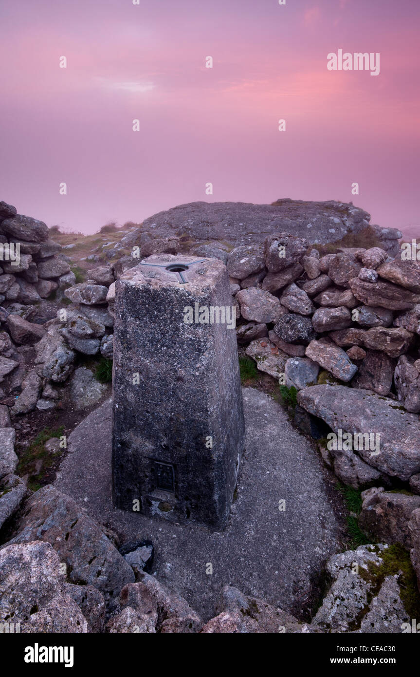 Triangulation point rippon tor dawn mist hi-res stock photography and ...