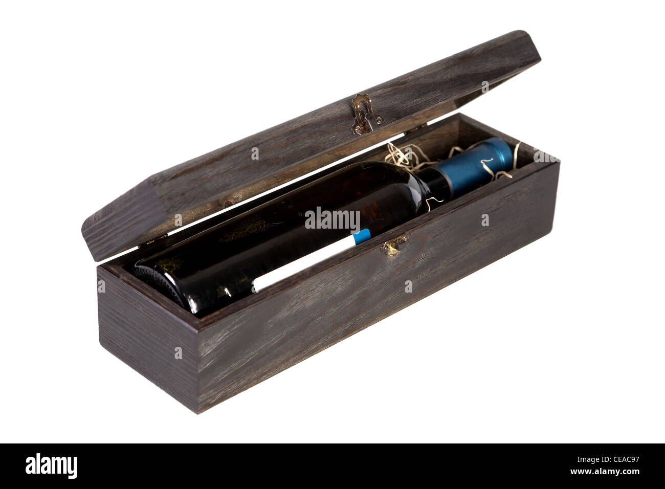 Wooden box with a bottle of wine on white background Stock Photo - Alamy