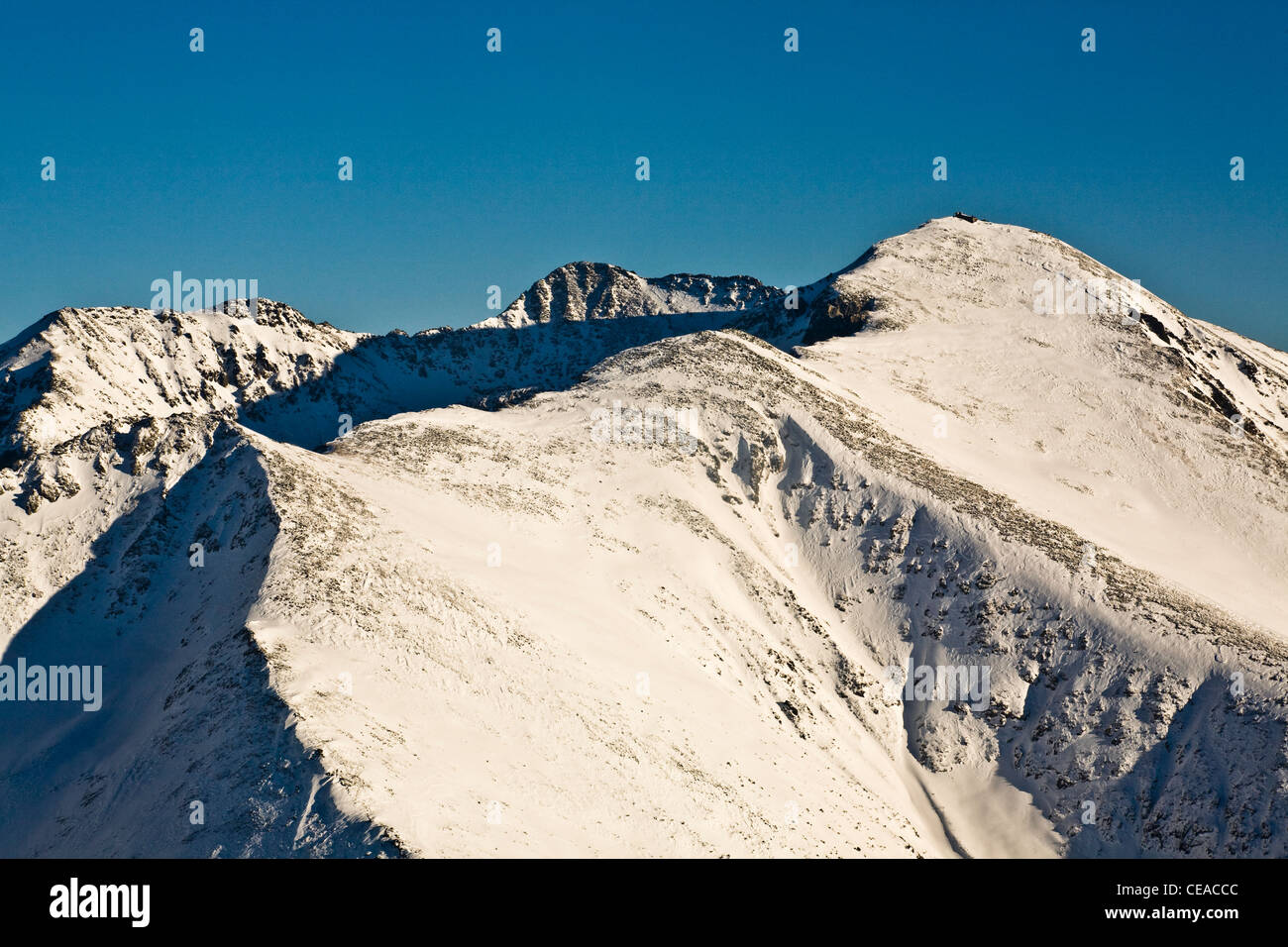 Aerial view of Mussala circus, Peak Mussala and Meteo station in the ...