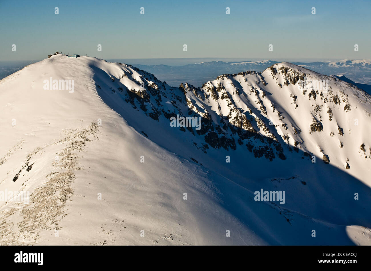 Aerial view of Mussala circus, Peak Mussala and Meteo station in the ...