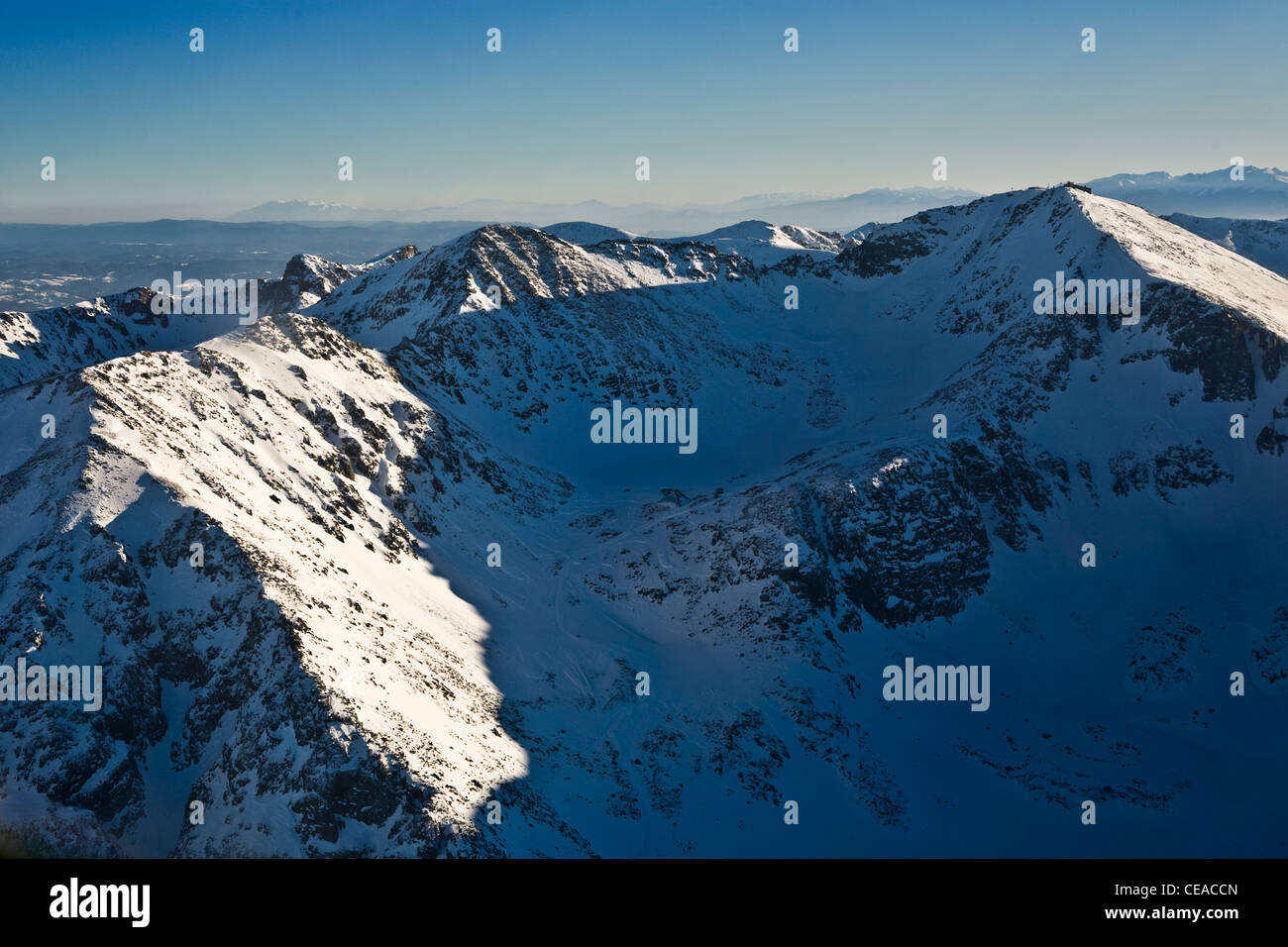 Aerial view of Mussala circus, Peak Mussala and Meteo station in the ...