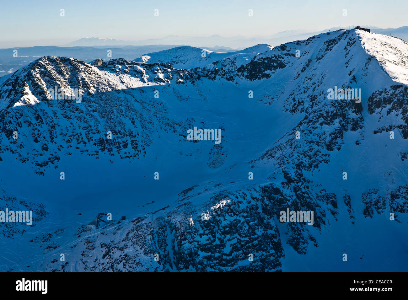 Aerial view of Mussala circus, Peak Mussala and Meteo station in the ...