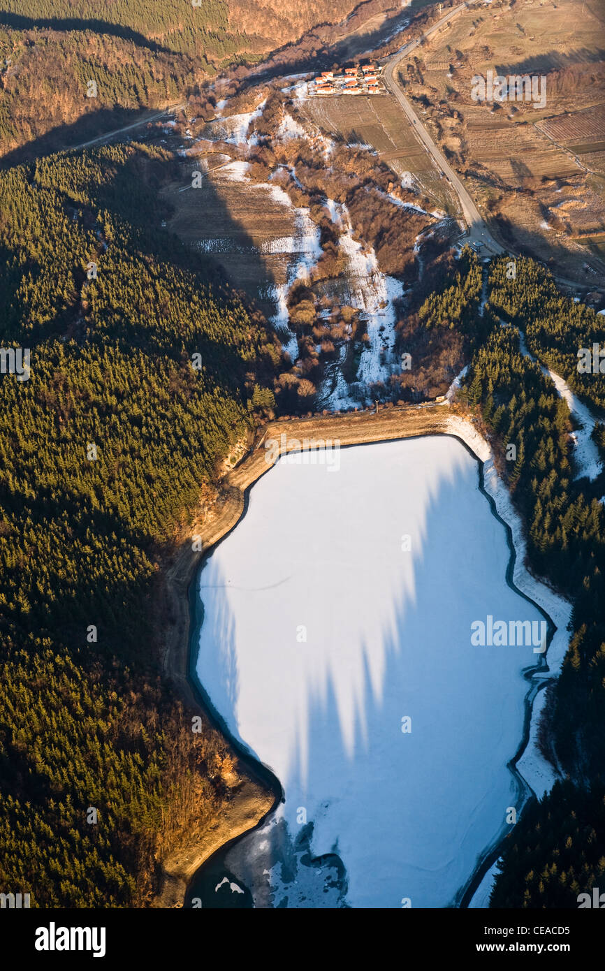 Aerial view of Beli Iskar Dam, Rila mountain, winter scene, Bulgaria ...