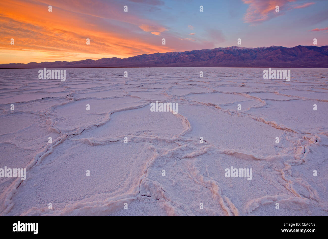 Sunrise over salt polygons and patterns at Badwater Salt Flats in Death ...